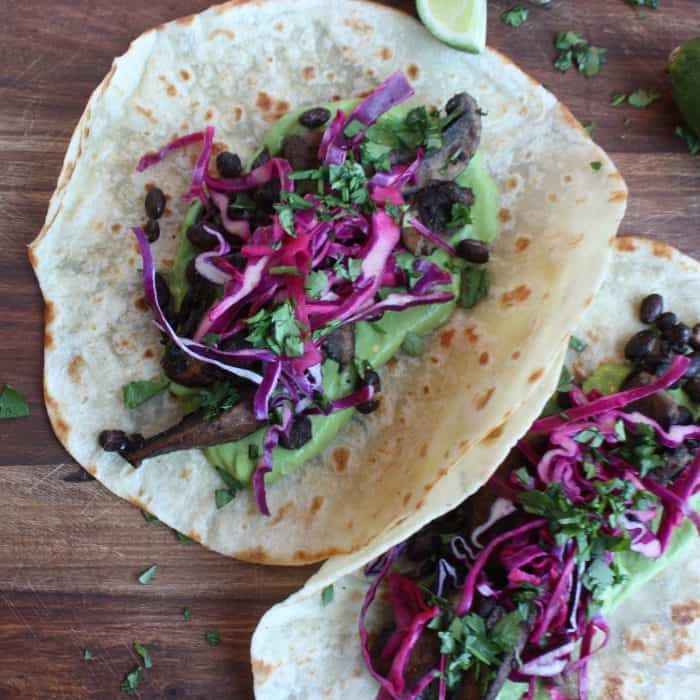 Spicy portabella tacos with avocado puree - Katy Rexing